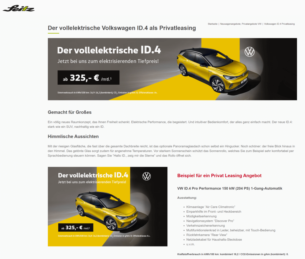 Volkswagen ID.4 Leasing für 325 Euro im Monat brutto - sparneuwagen.de