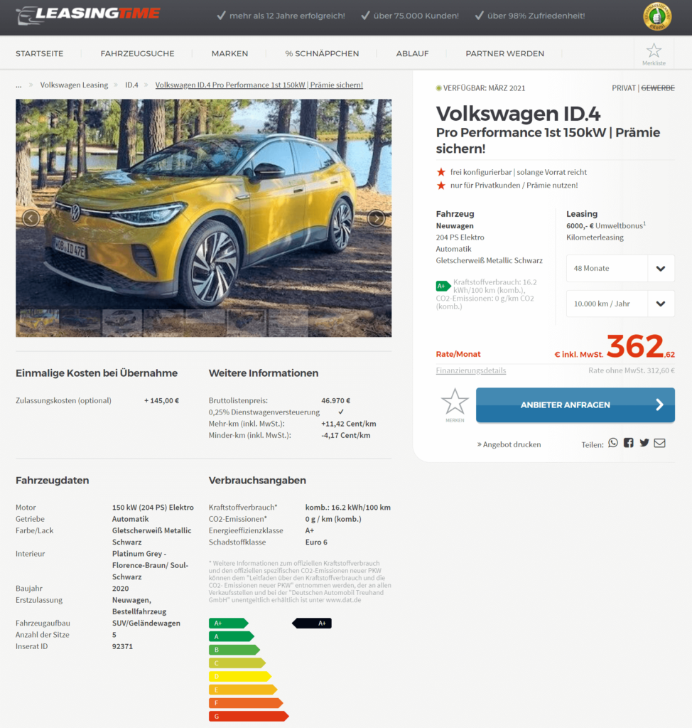 Volkswagen ID.4 Leasing für 363 Euro im Monat brutto - sparneuwagen.de