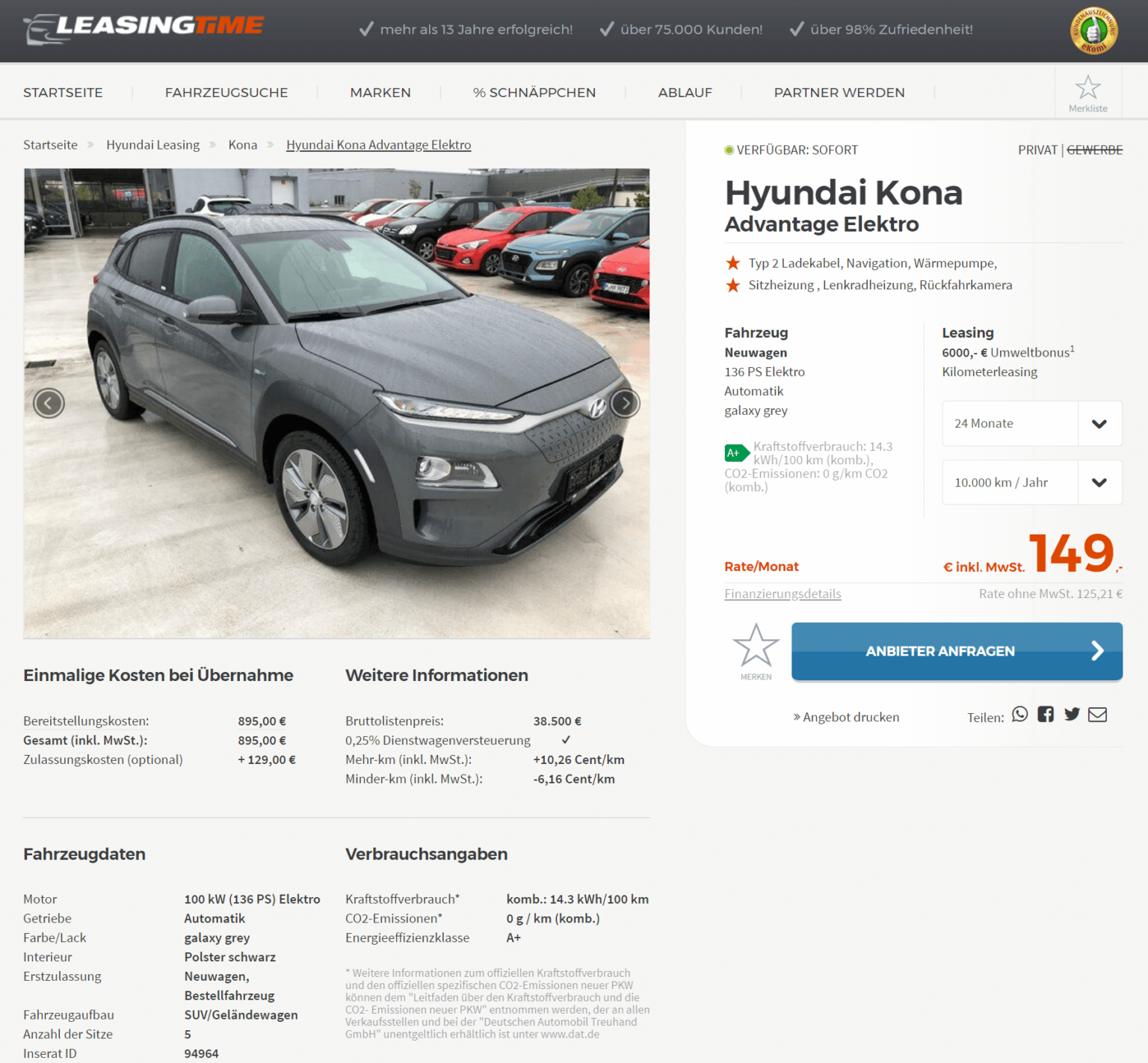 Hyundai Kona Elektro Leasing für 149 Euro mtl. brutto - sparneuwagen.de