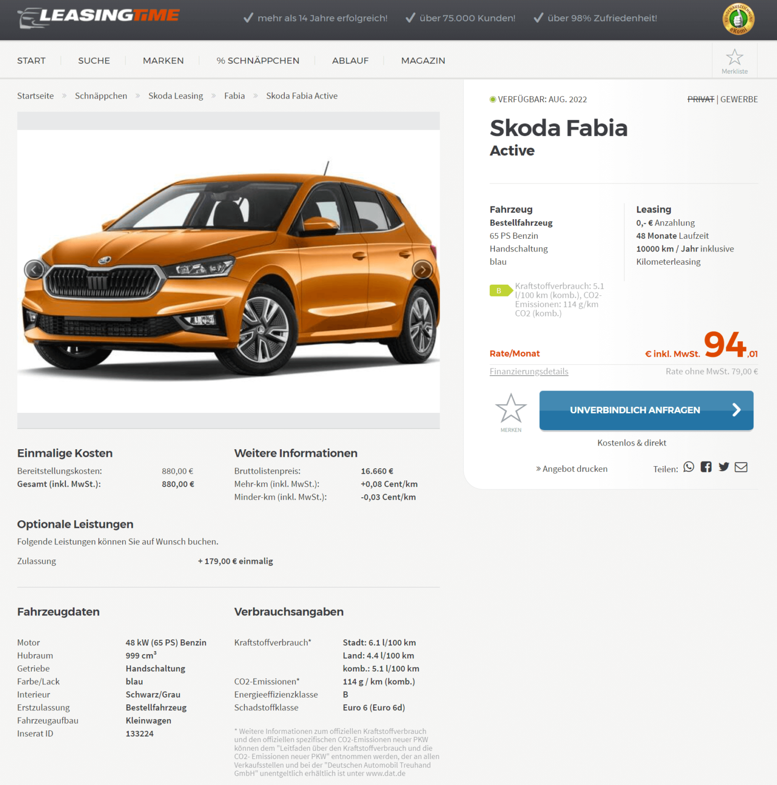 Škoda Fabia Leasing für 79 Euro im Monat netto - sparneuwagen.de
