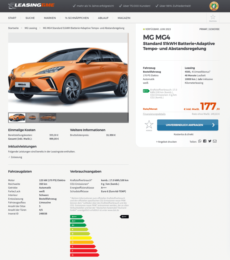 MG 4 EV Leasing für 149 Euro im Monat netto - sparneuwagen.de