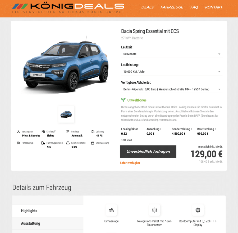 Dacia Spring Leasing für 129 € im Monat brutto - sparneuwagen.de
