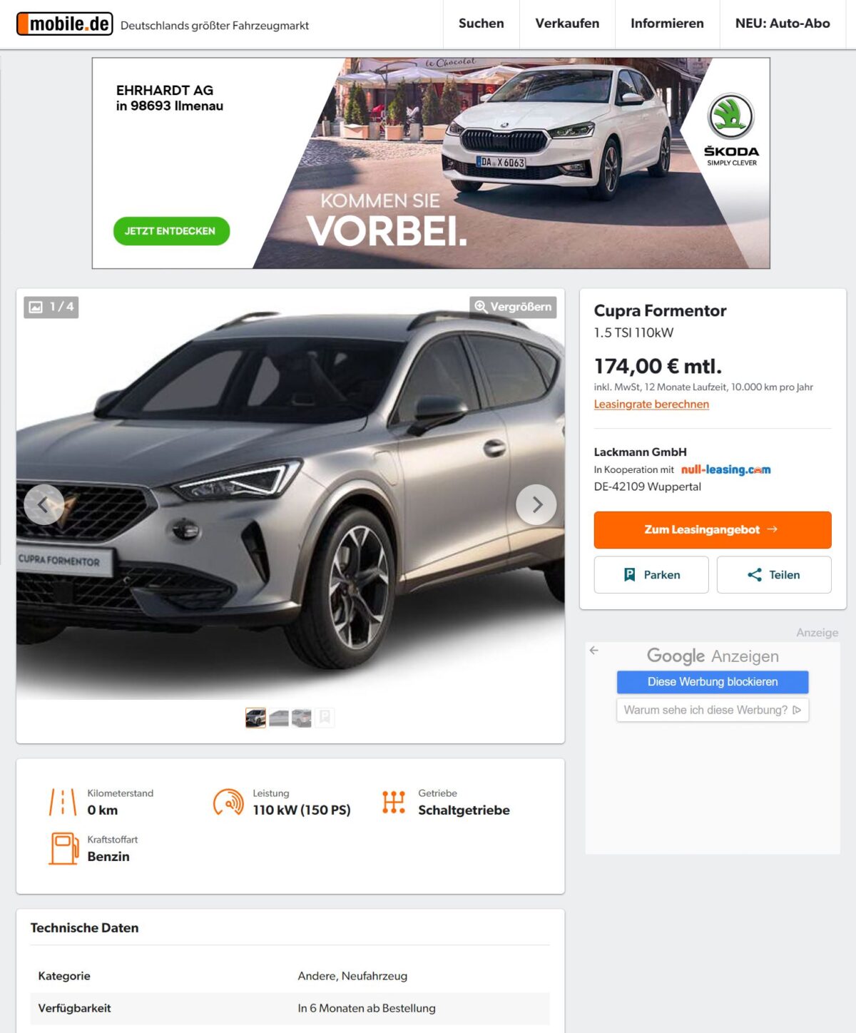 Cupra Formentor Leasing für 174€ mtl. brutto - sparneuwagen.de