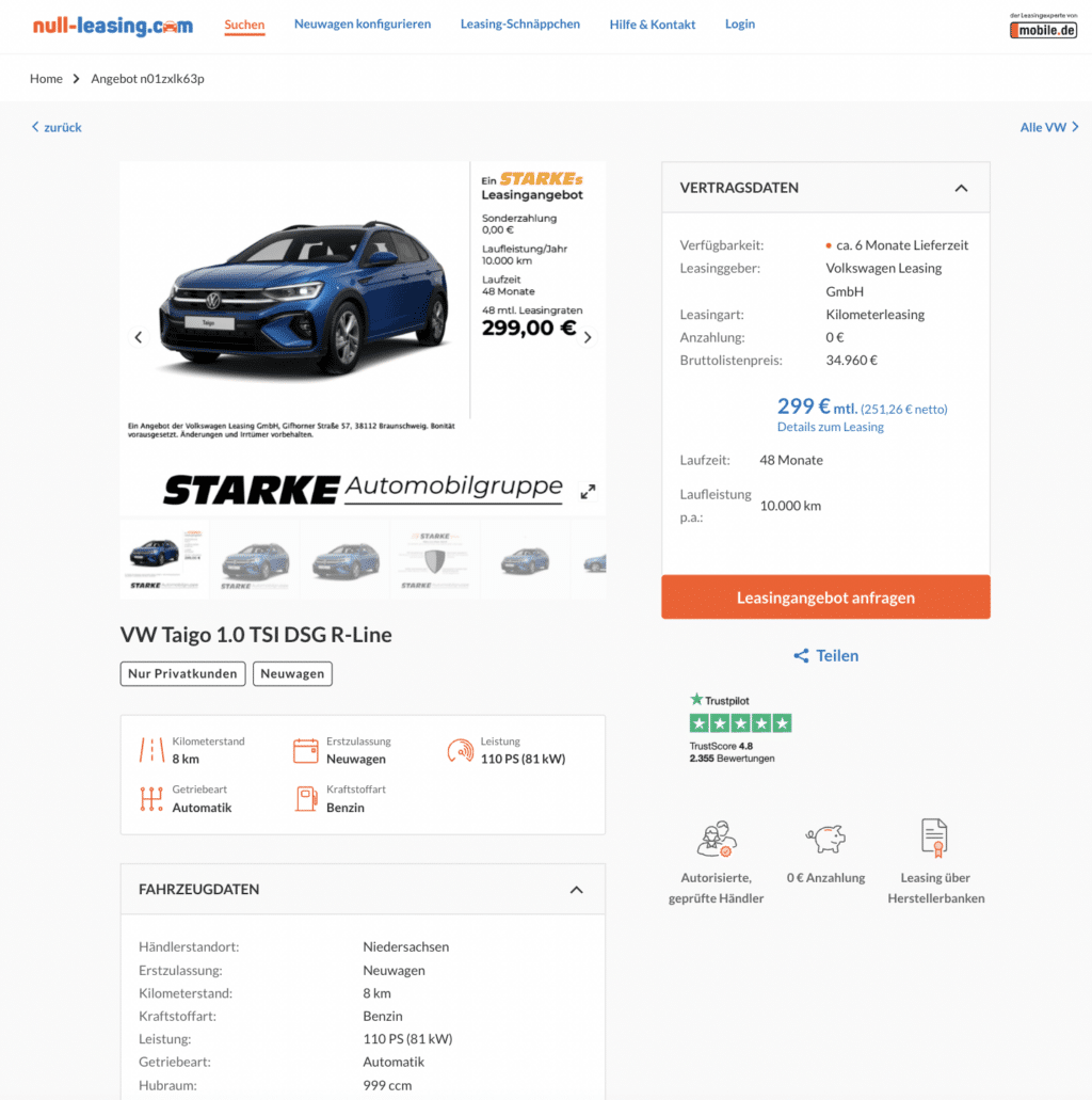 VW Taigo Leasing für 299 Euro im Monat brutto - sparneuwagen.de