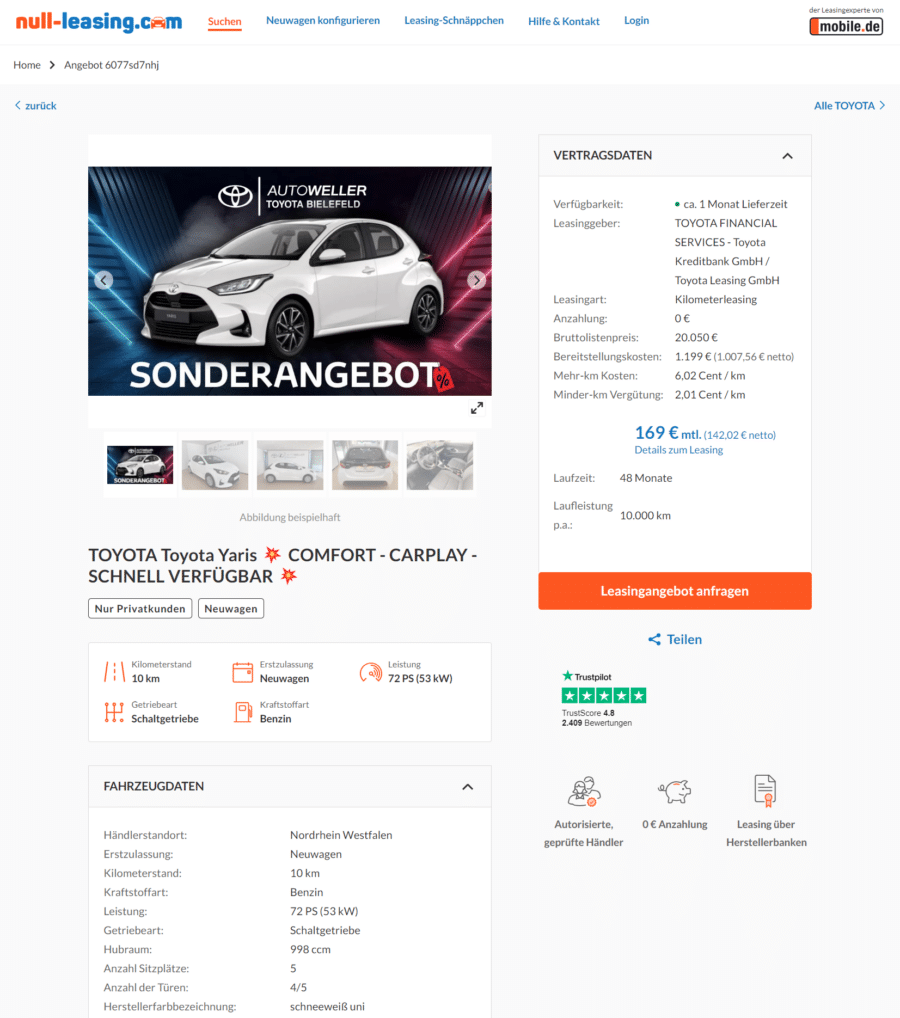 Toyota Yaris Leasing für 169 Euro im Monat brutto - sparneuwagen.de