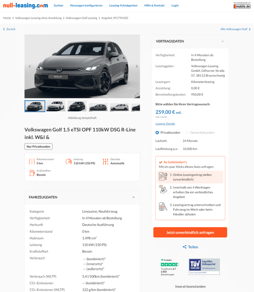 VW Golf Leasing für 259 Euro im Monat brutto - sparneuwagen.de