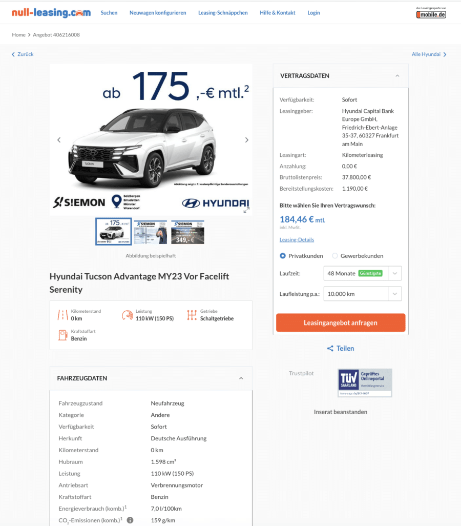 Hyundai Tucson Leasing für 184 Euro im Monat brutto - sparneuwagen.de