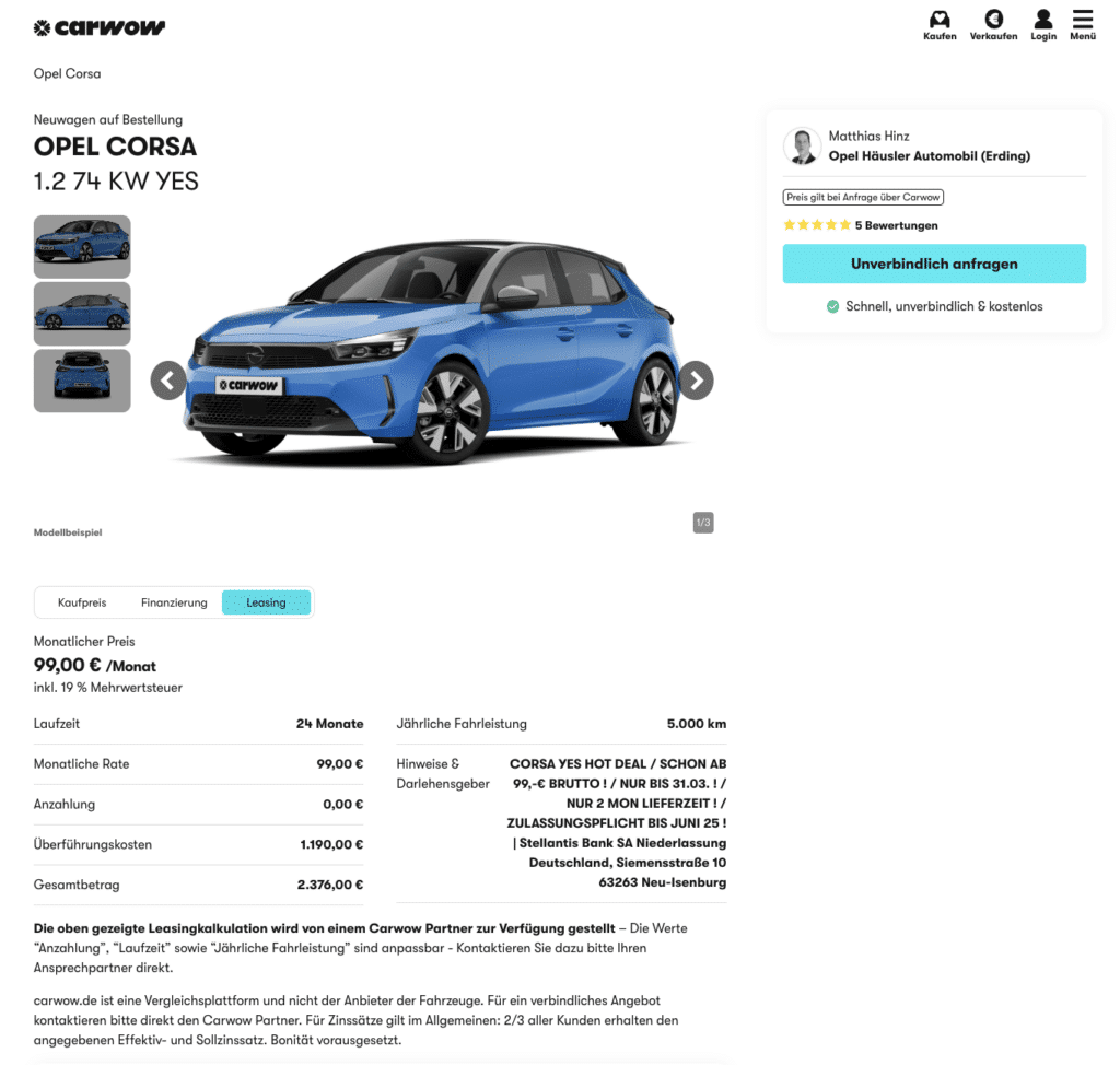 Opel Corsa 99 Euro Leasing