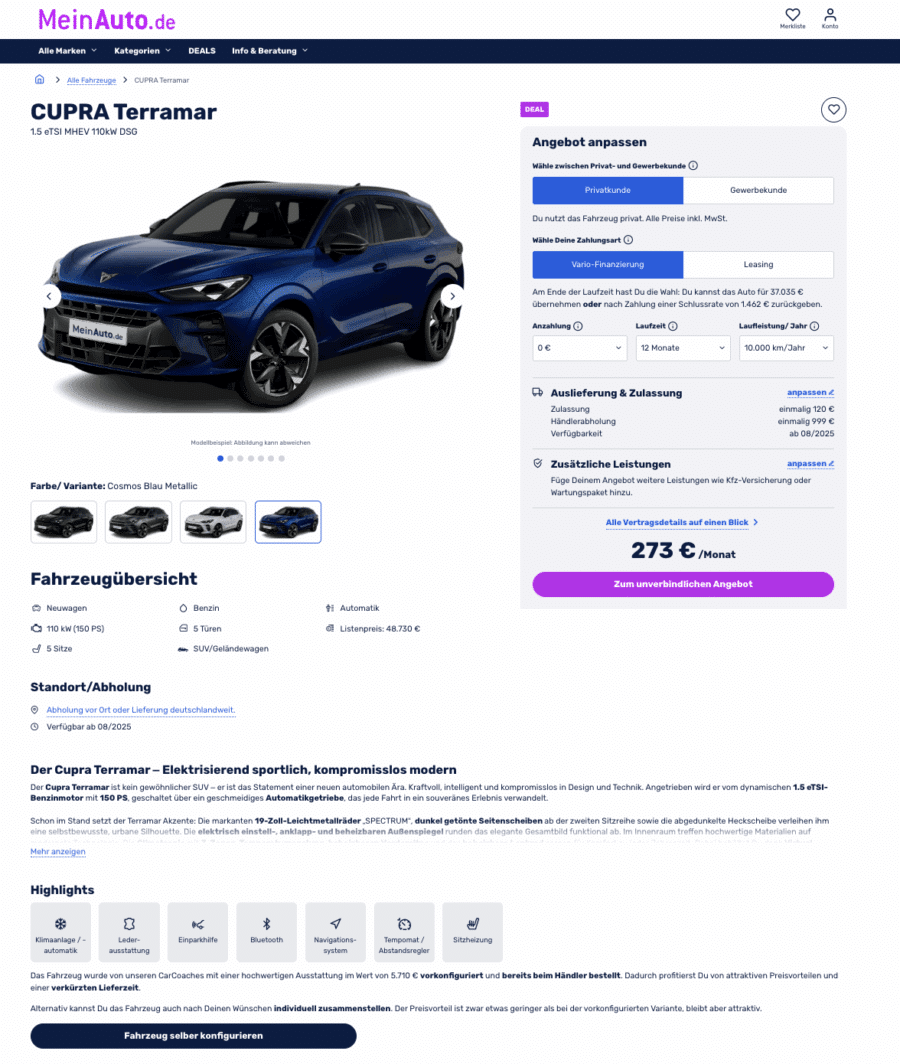 🔥 Cupra Terramar Vario-Leasing für 273 Euro im Monat brutto ...