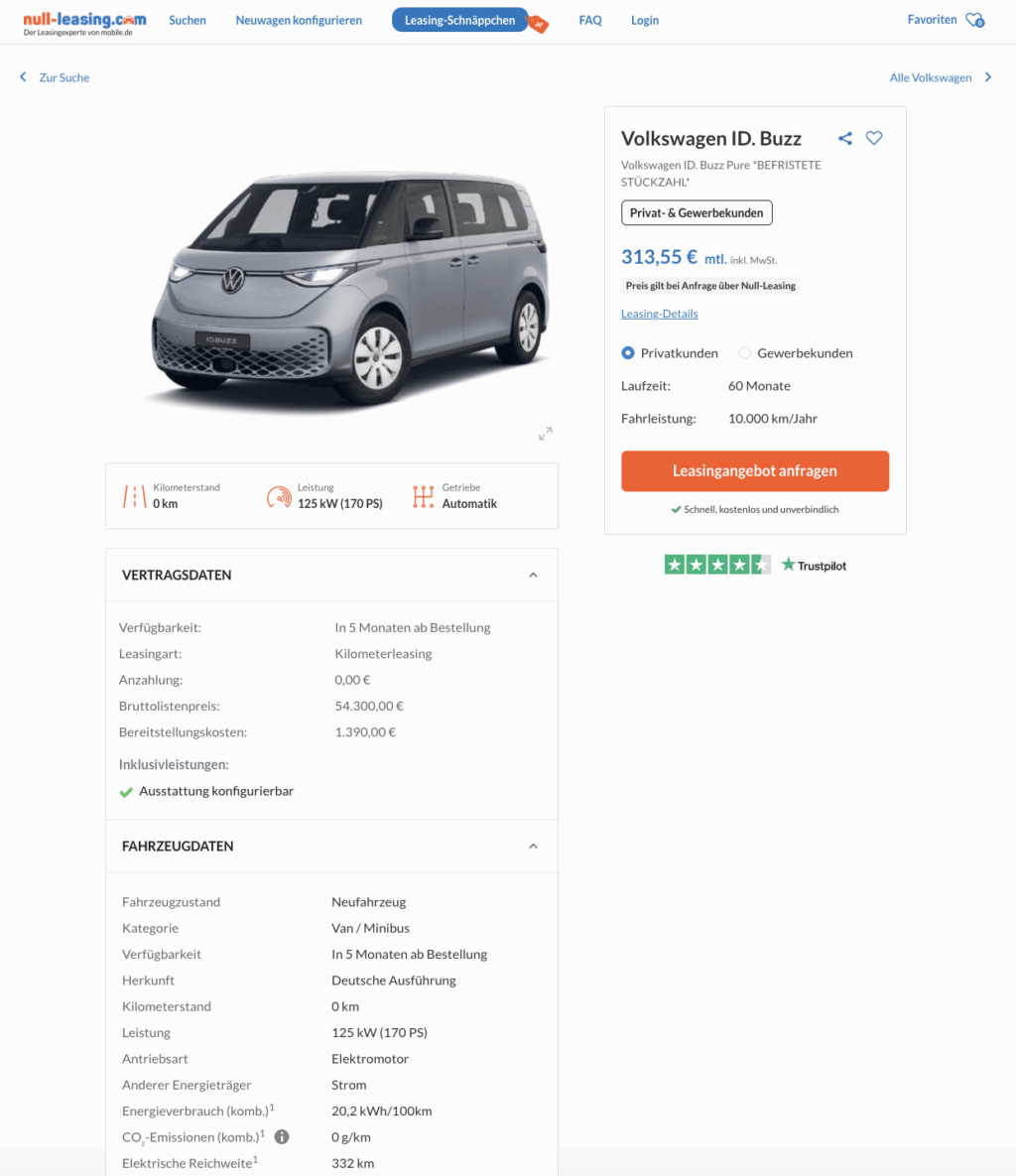 VW ID.Buzz Leasing für 314 Euro brutto pro Monat - sparneuwagen.de
