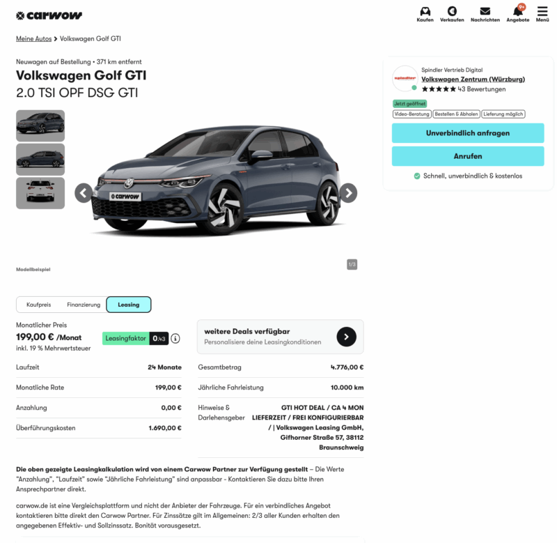 VW Golf GTI Leasing für 199 Euro im Monat brutto - sparneuwagen.de