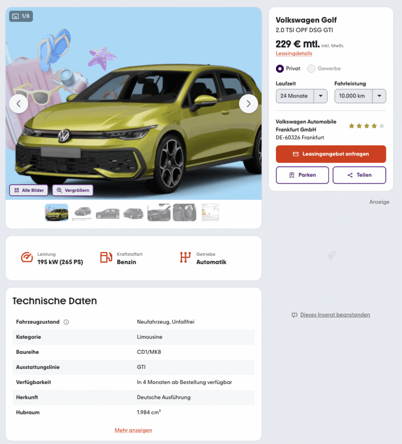 💥 VW Golf GTI Leasing für 229 Euro im Monat brutto - sparneuwagen.de