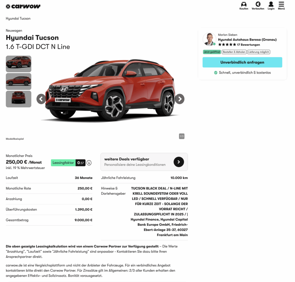 Hyundai Tucson Leasing für 250 Euro im Monat brutto - sparneuwagen.de