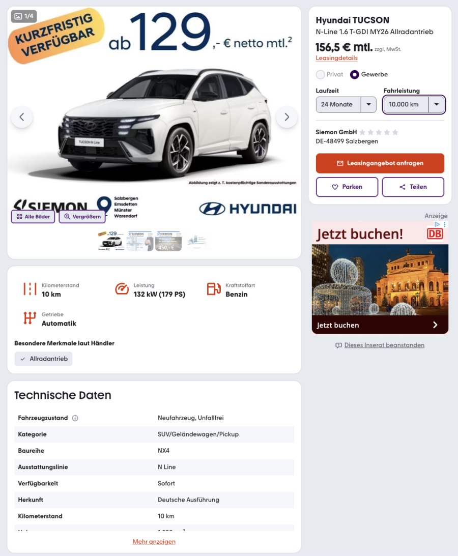 Hyundai Tucson Leasing für 157 Euro im Monat netto - sparneuwagen.de