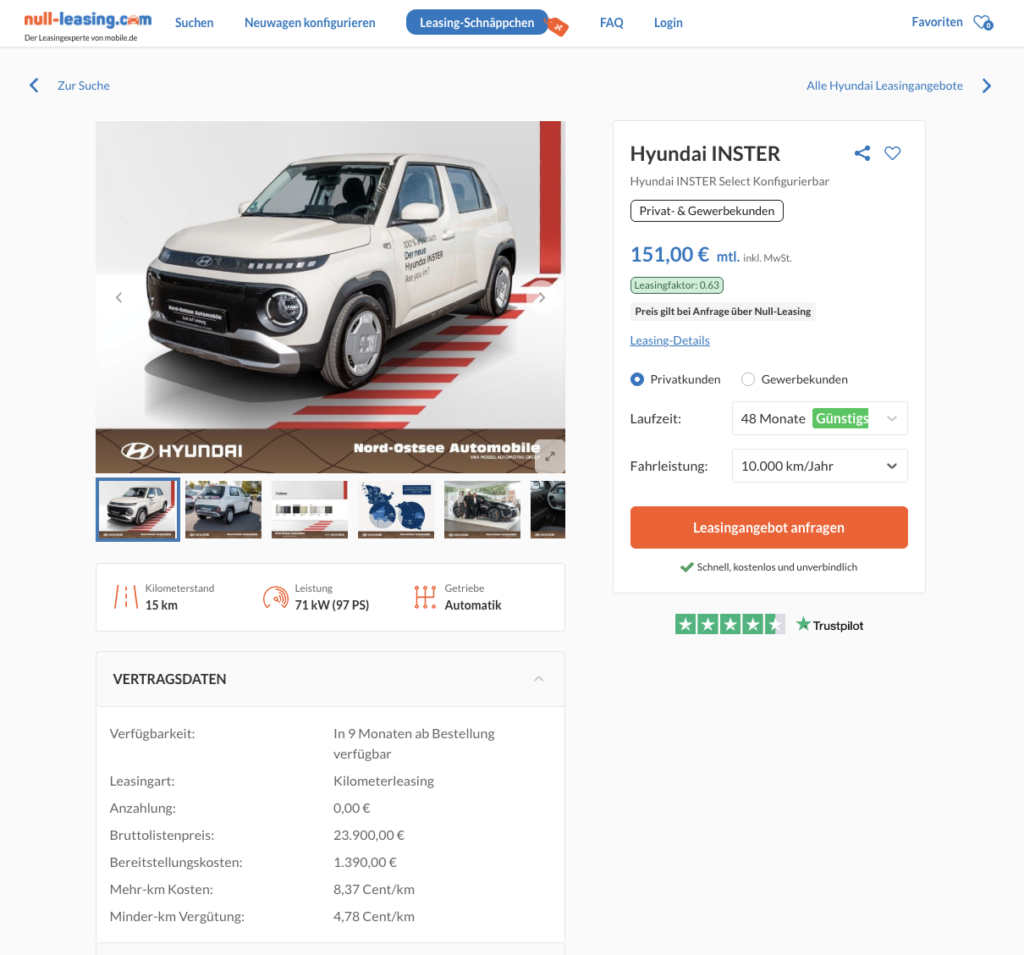 Hyundai Inster Leasing für 151 Euro im Monat brutto - sparneuwagen.de