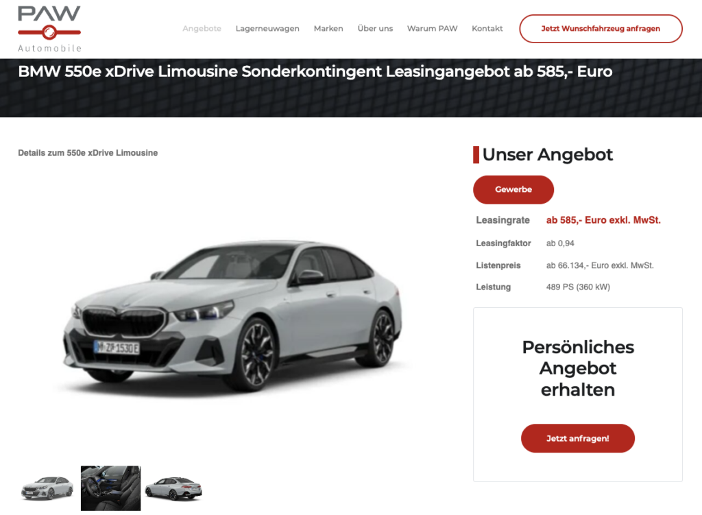BMW 550e xDrive Limousine Leasing für 585 Euro im Monat netto ...